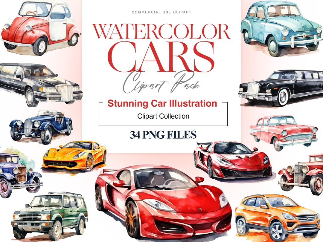 Watercolor Car Clipart, Muscle Car Clipart, Sports Car PNG, Vintage Car ...