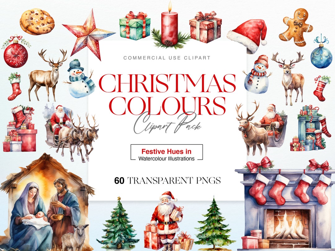 Watercolor Christmas Clipart, Christmas Tree, Santa, Reindeer, Snowman ...