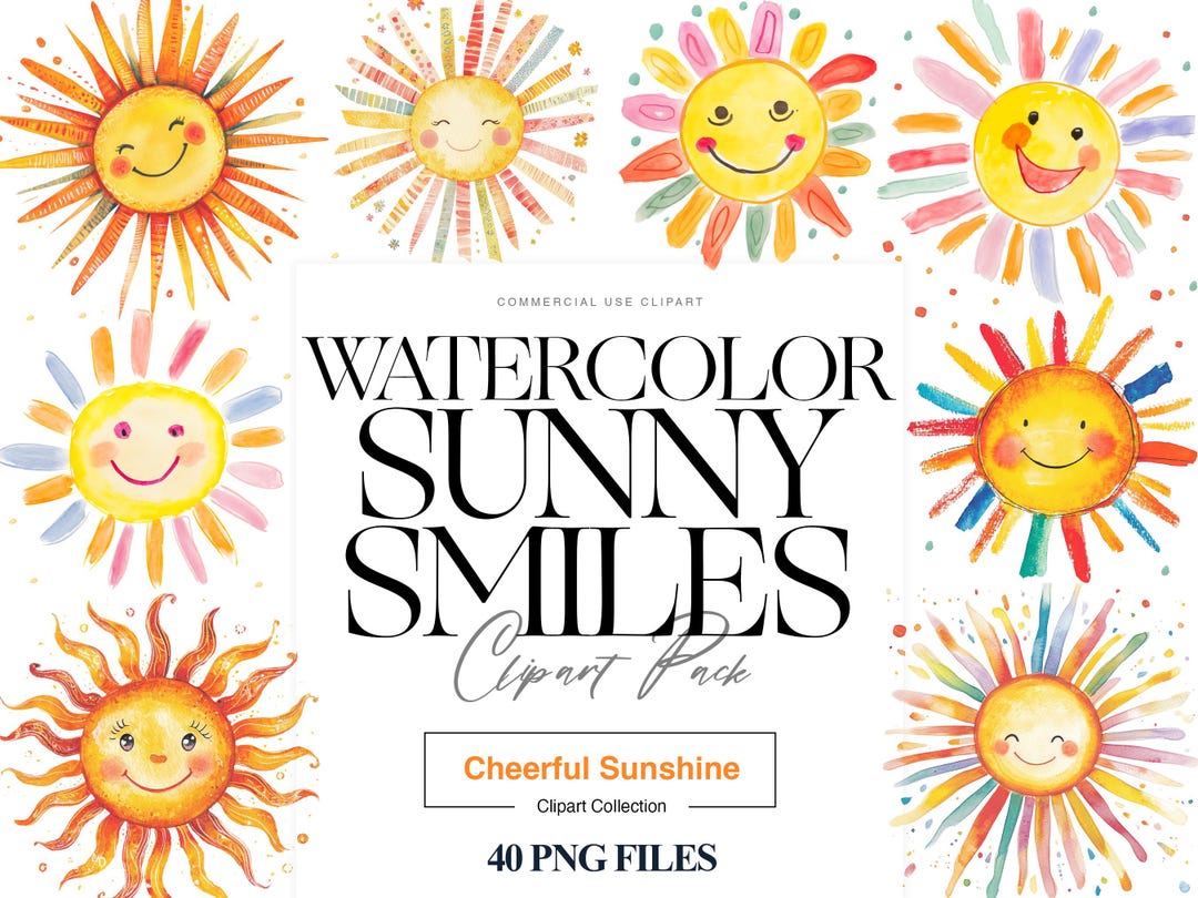 Smiling Sun Clipart, Watercolor Cute Sun, Kawaii, Sunshine Clipart ...