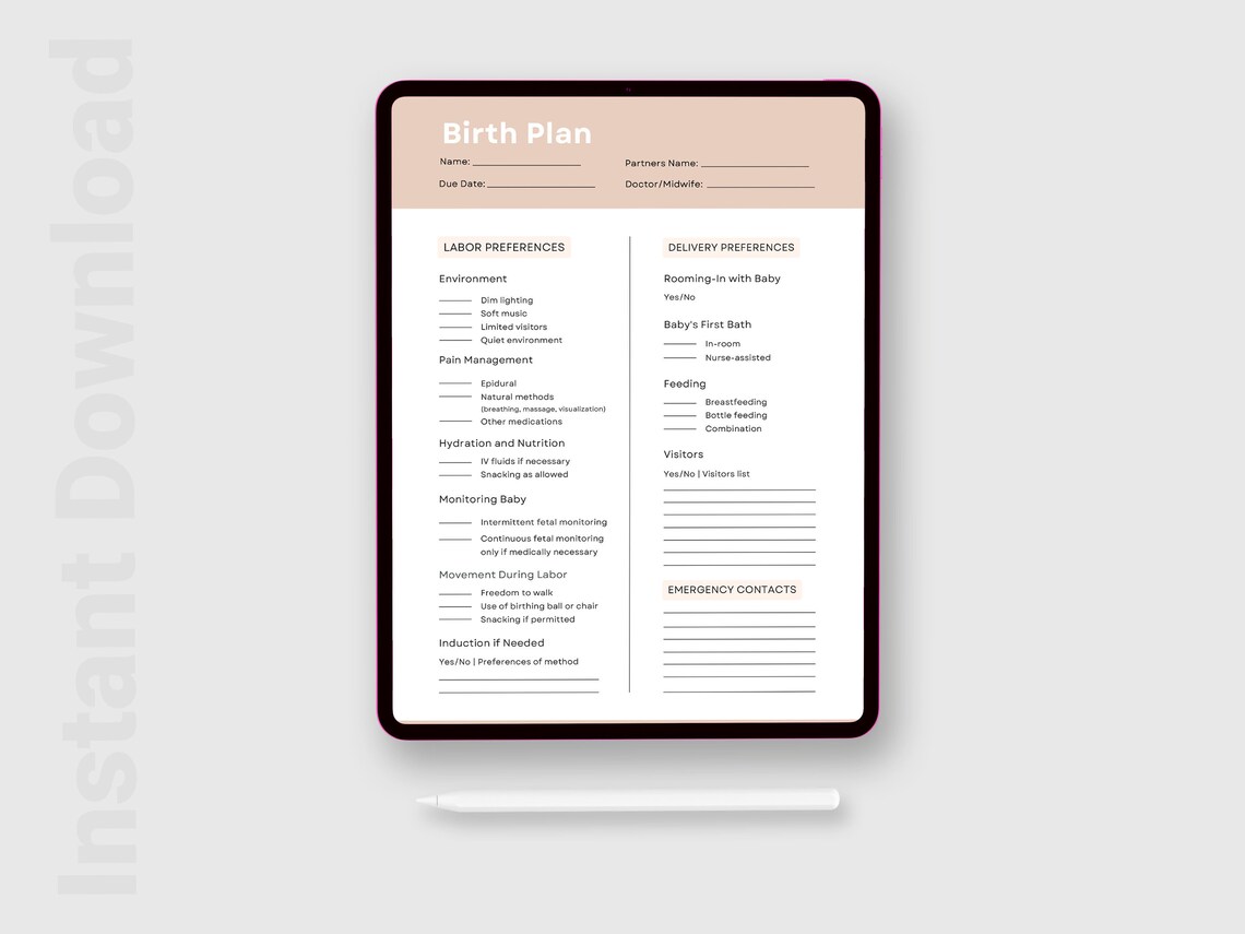 Printable Birth Plan Template, C Section, Labor Preferences, Editable ...