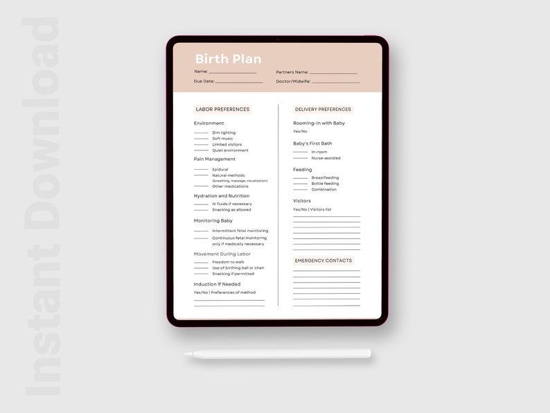 Printable Birth Plan Template, C Section, Labor Preferences, Editable ...