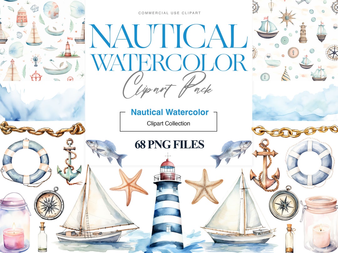 Watercolor Nautical Clipart, Coastal Beach, Sailing Clipart, Seashells ...