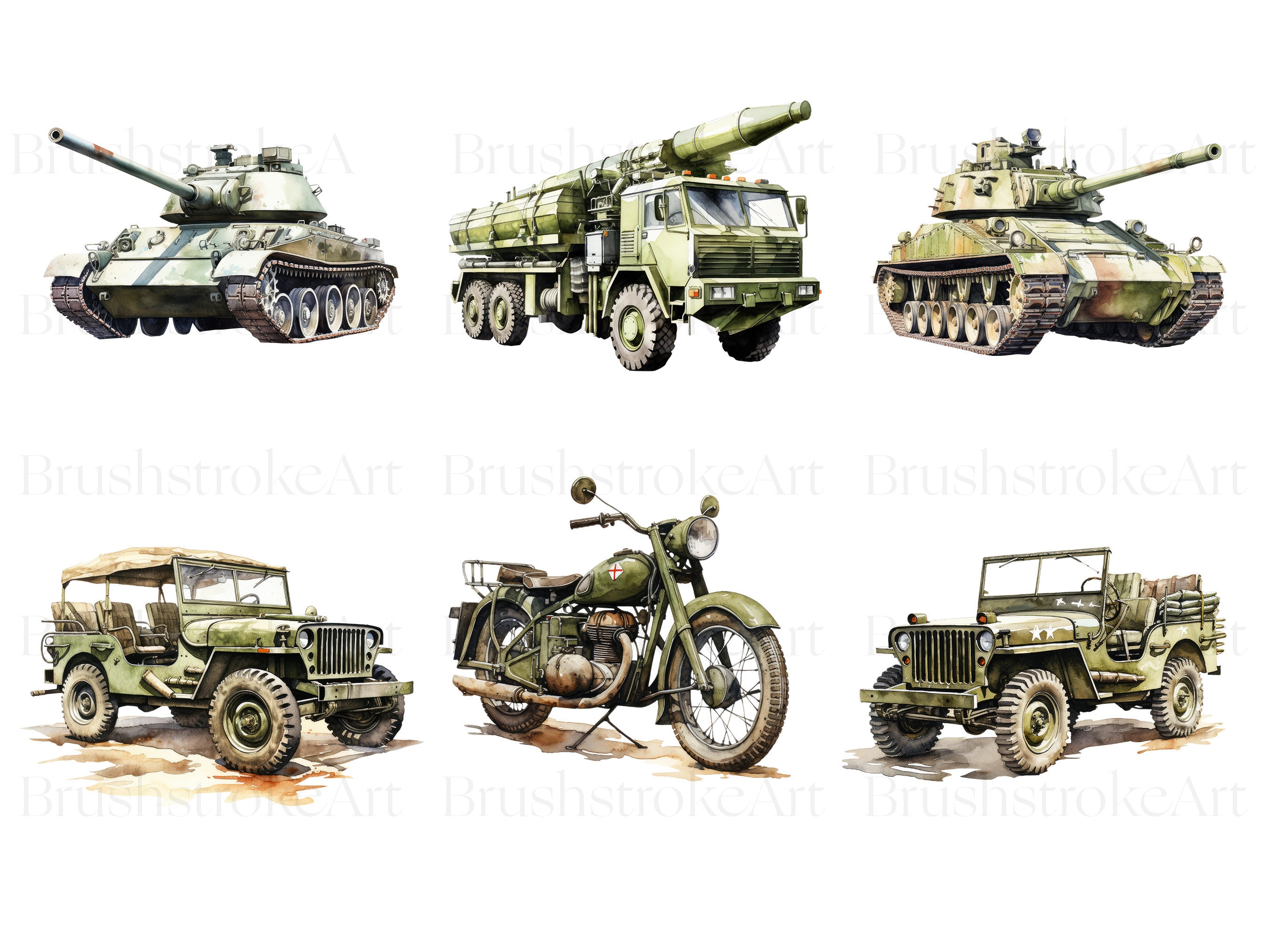 Watercolor Army Vehicle Clipart, Tank, Helicopter, Fighter Jet, Plane ...