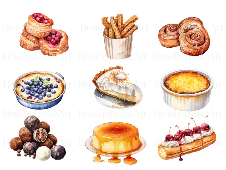 Watercolor Dessert Clipart, Cake, Pie, Donut, Sweet Treats, Food Lover ...