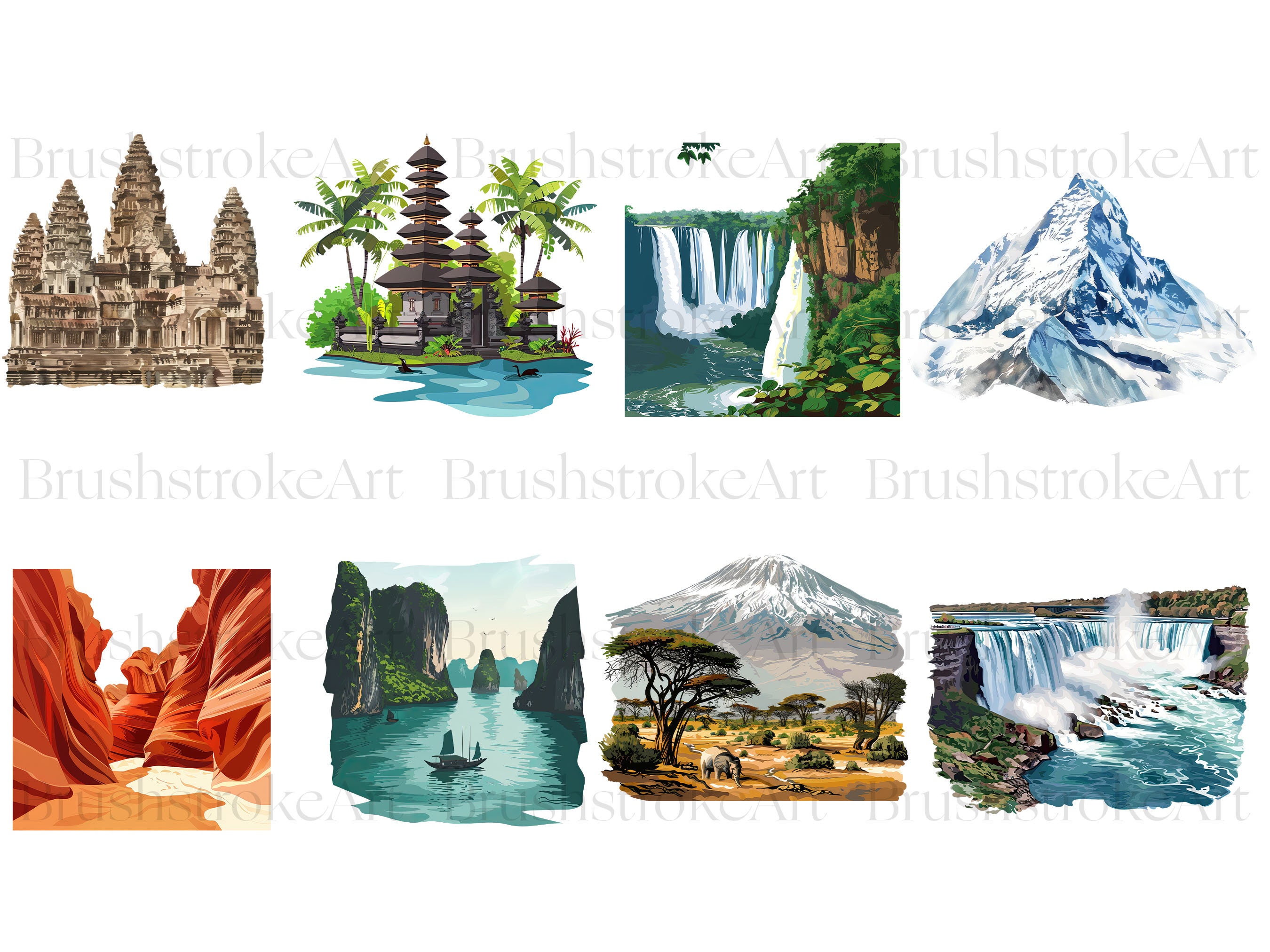 World Landmarks Clipart, Watercolor Landmarks PNG, Eiffel Tower, Mount ...