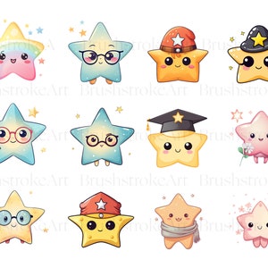Kawaii Stars Clipart, Smiley Star, Kawaii Stickers, Baby Stars, Rainbow ...