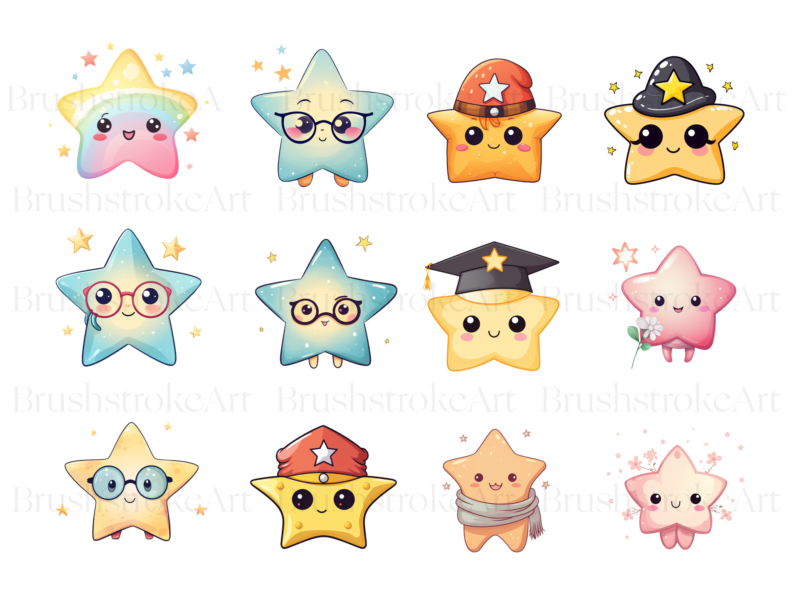 Kawaii Stars Clipart, Smiley Star, Kawaii Stickers, Baby Stars, Rainbow ...