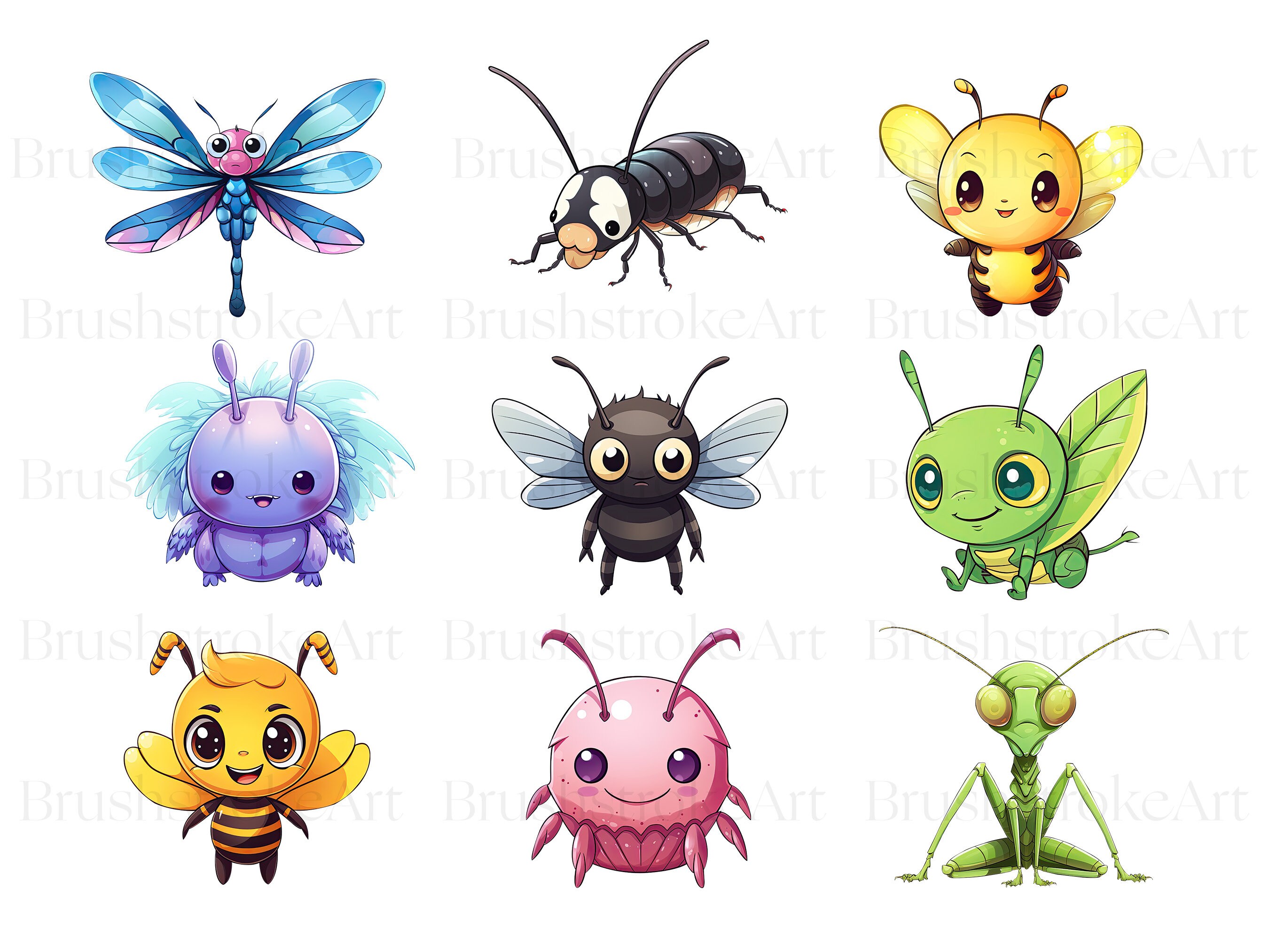 Kawaii Insects Clipart, 26 Watercolor Bugs, Cute Spider, Caterpillar ...