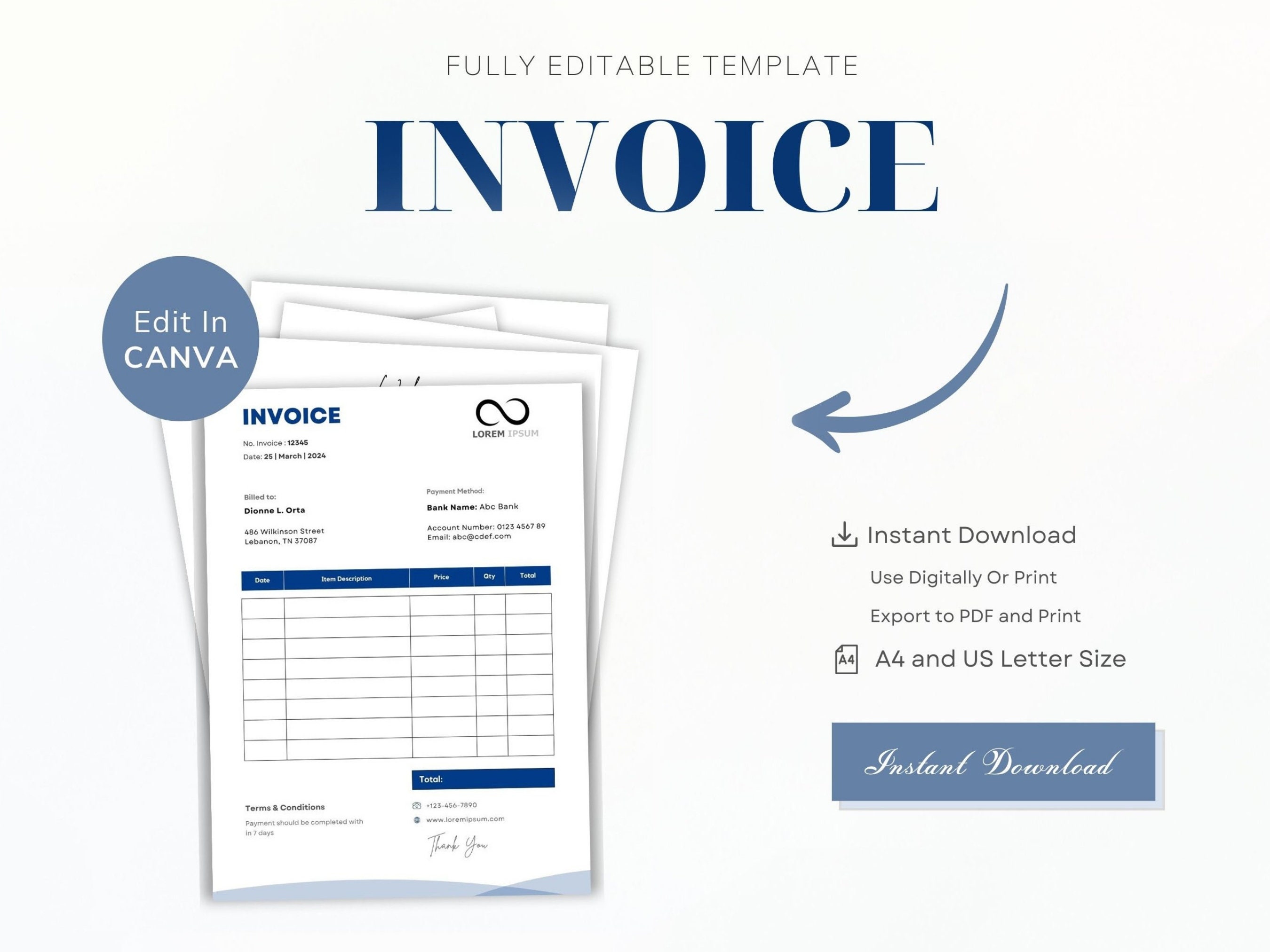 Editable Invoice Template, Printable Invoice Sheets, Blank Invoice PDF ...