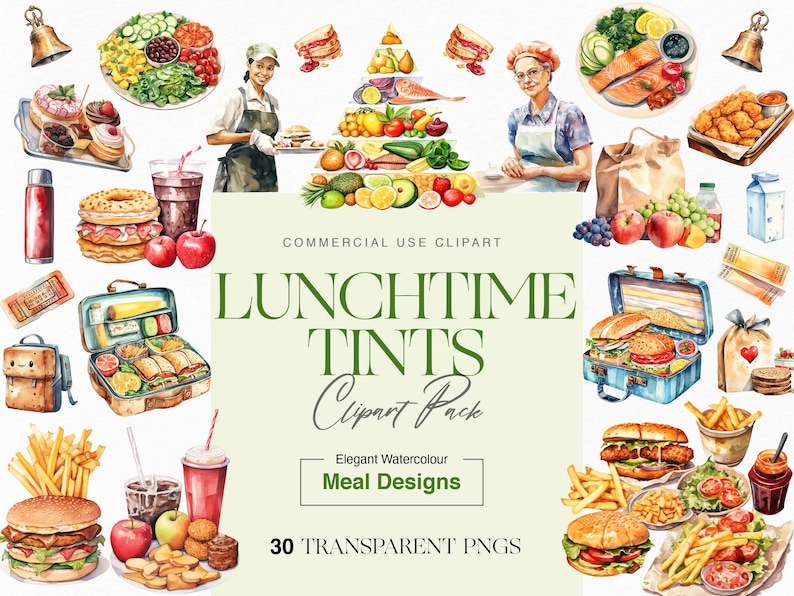 Watercolor Lunch Clipart, School Lunch Box, Healthy Food PNG, Junk Food ...