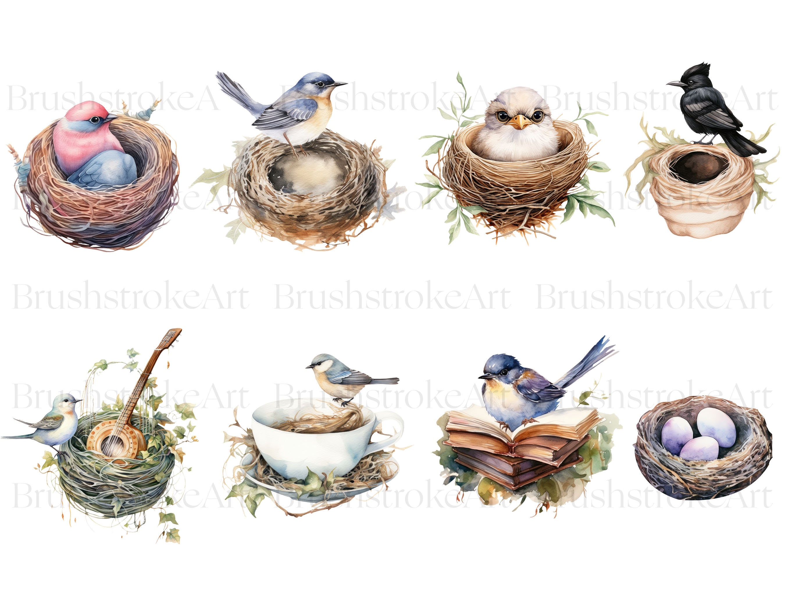 40 Watercolor Bird Nest Clipart, Watercolor Bird House Clipart, Eggs in ...