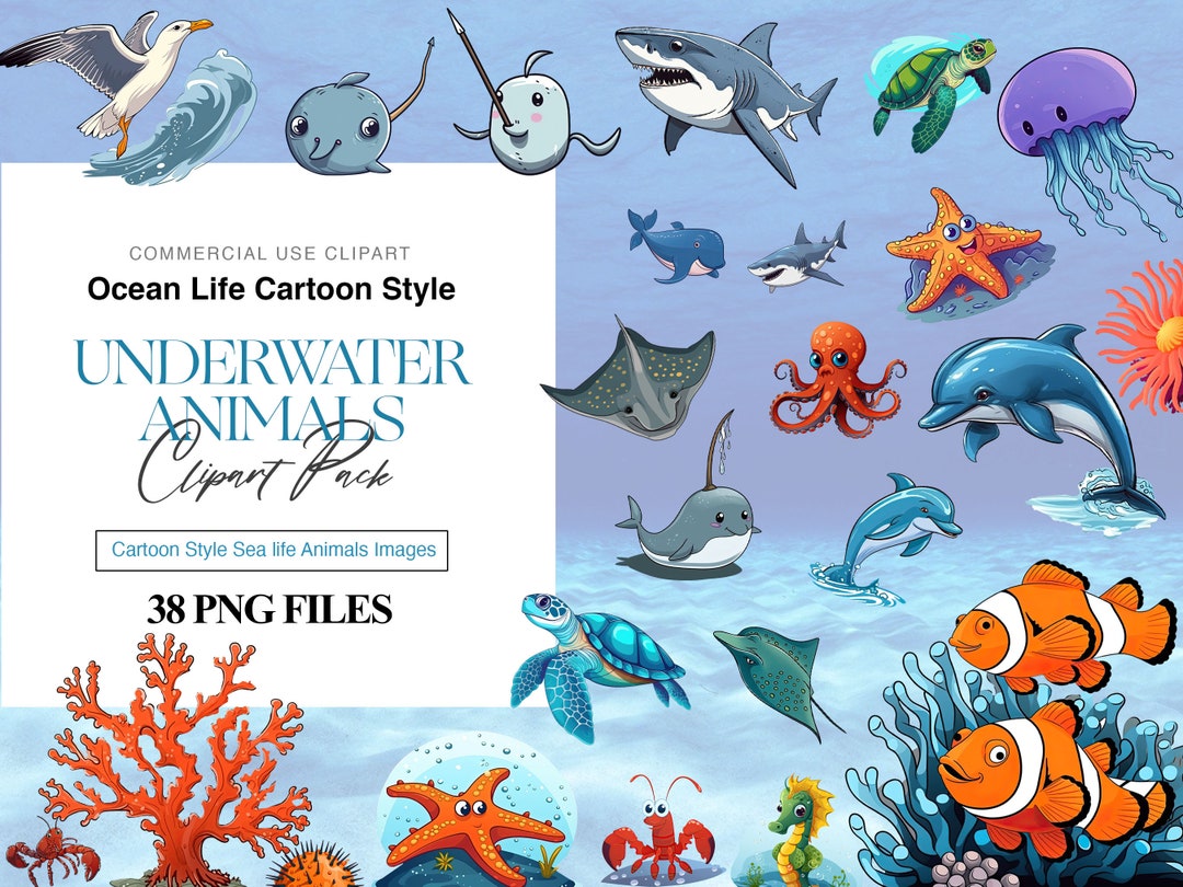 Underwater Animals Clipart- Cartoon Style PNG Graphics of Sea Life for ...