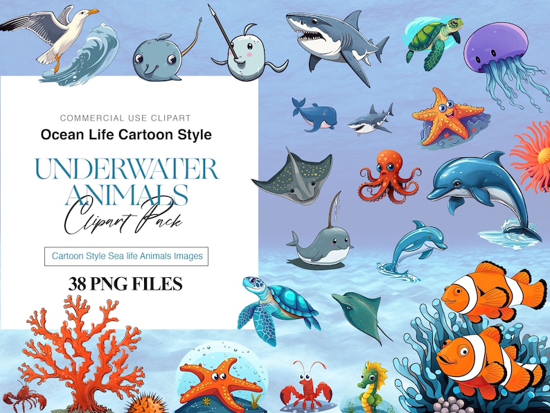 Underwater Animals Clipart- Cartoon Style PNG Graphics of Sea Life for ...