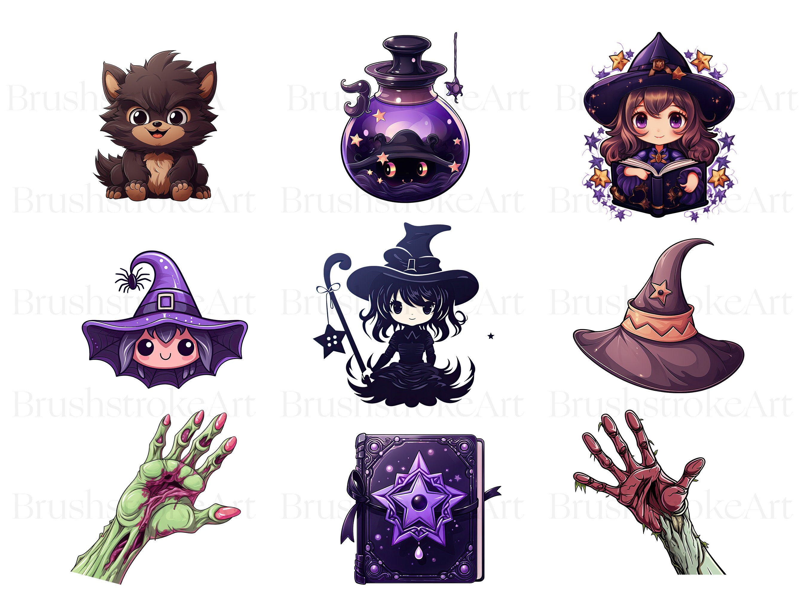 Kawaii Watercolor Halloween Clipart, Cute Ghost, Zombie, Jack-o-lantern ...