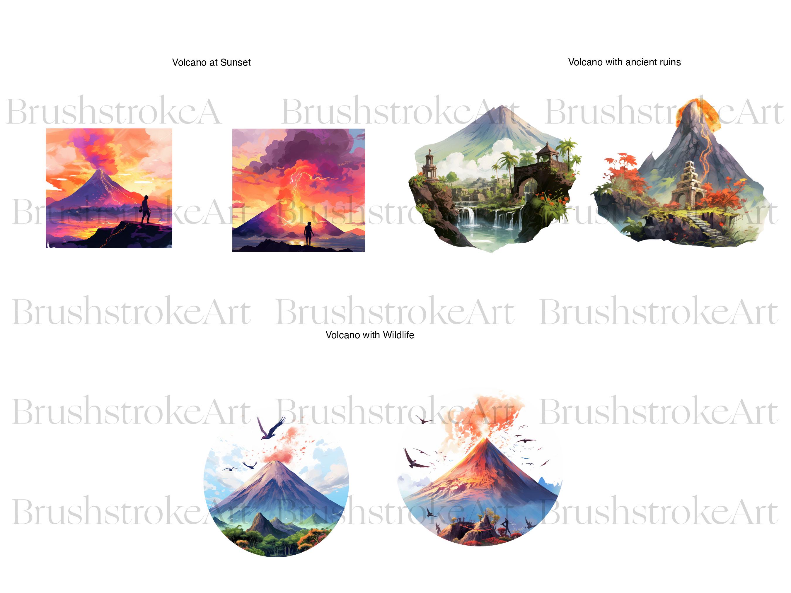 Watercolor Volcano Clipart, Erupting Volcano PNG, Lava, Fire Graphics ...
