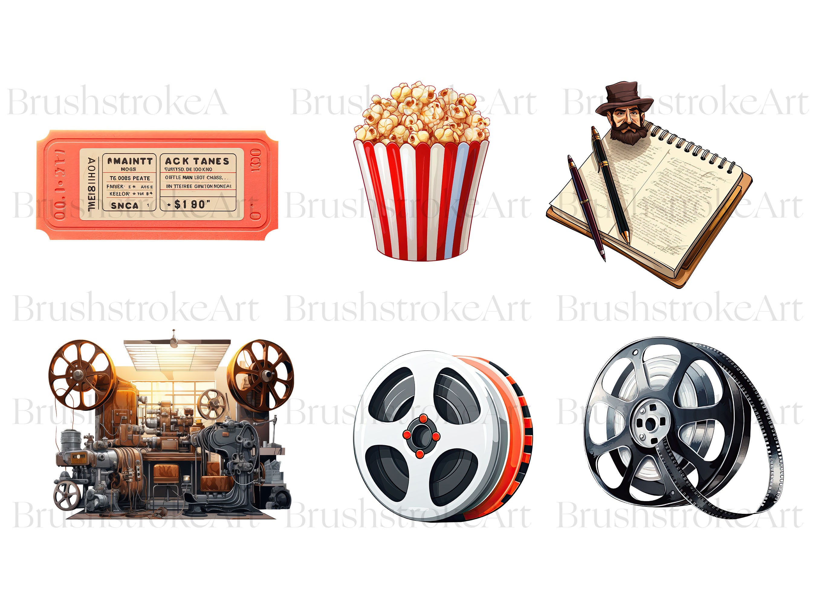 Watercolor Cinema Clipart, Theatre, Ticket, Popcorn, Camera PNG, Film ...