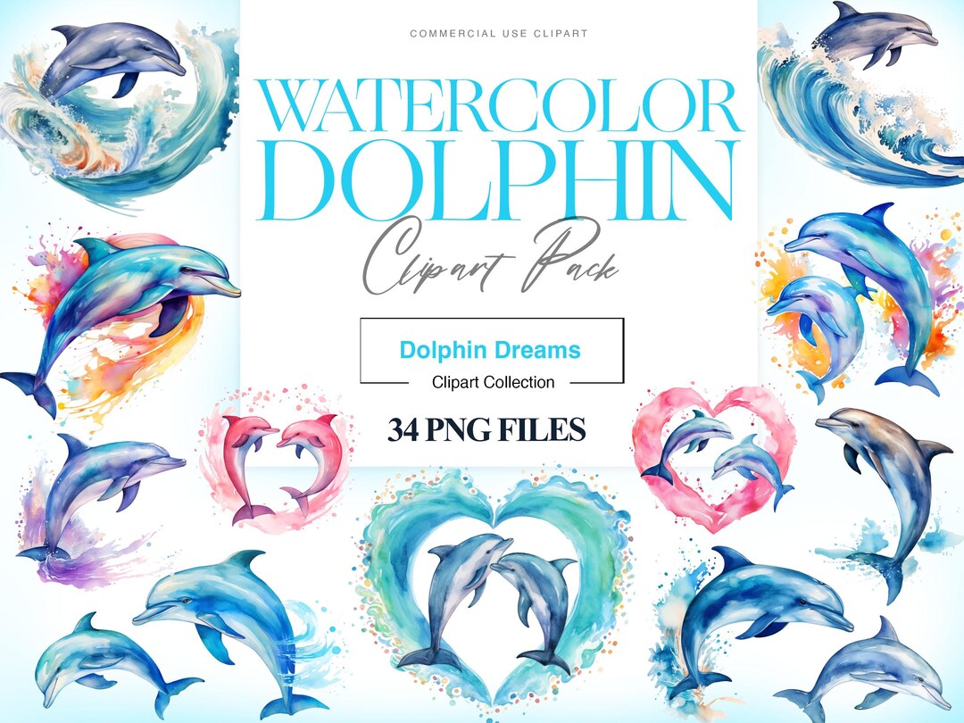 Watercolor Dolphin Clipart, Cute Dolphin PNG, Ocean Waves, Dolphin ...