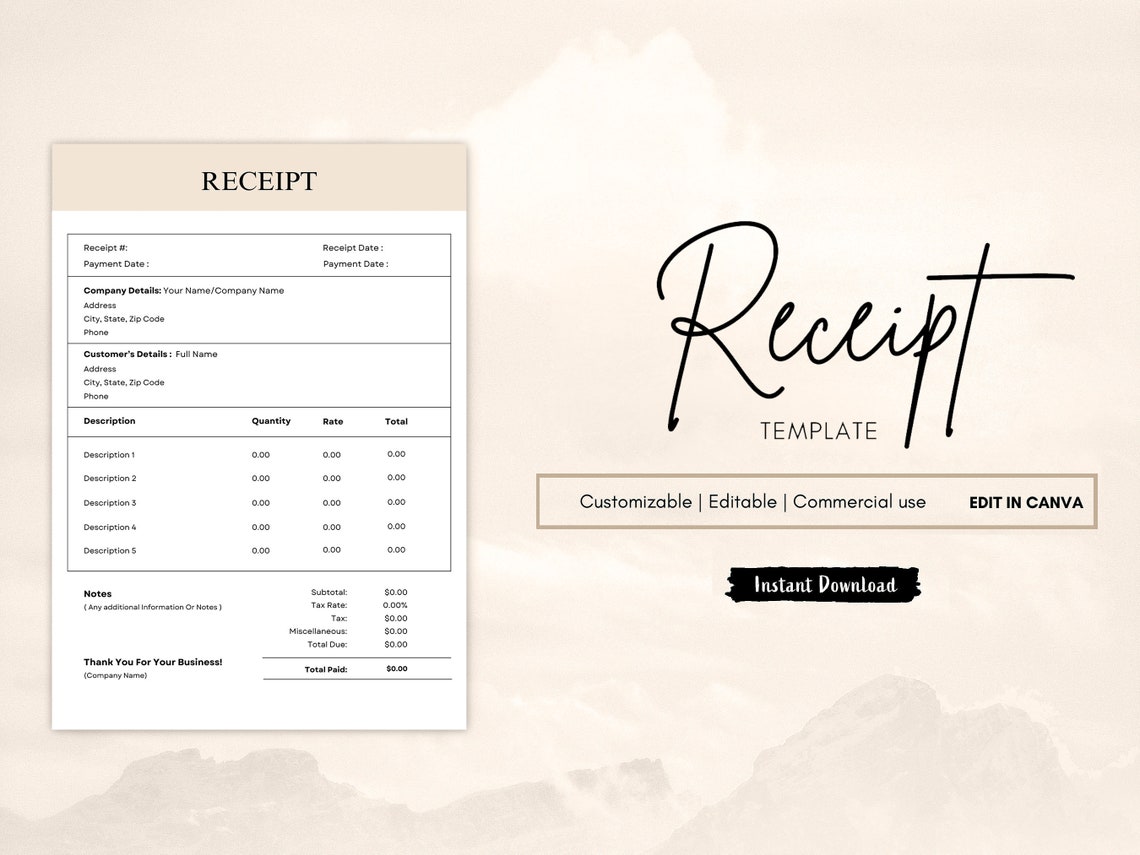 Printable Receipt Template, Blank Receipt Template, Receipt of Payment ...