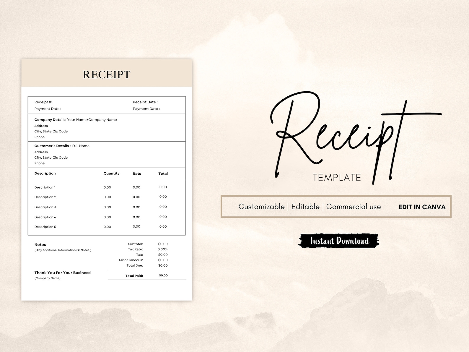 Printable Receipt Template, Blank Receipt Template, Receipt of Payment, Receipt Template Canva ...