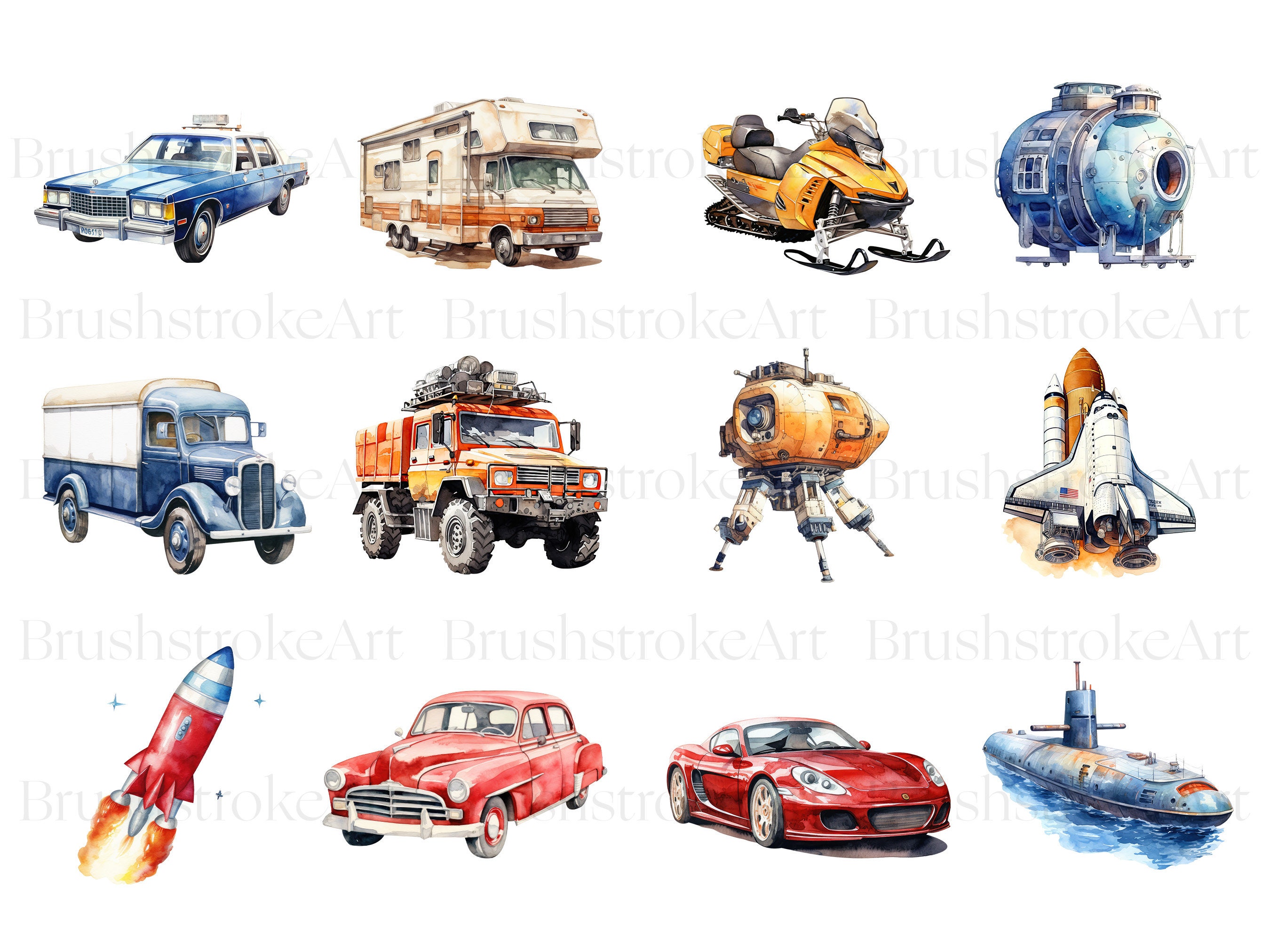 Watercolor Vehicle Clipart, Transportation A-Z, Truck, Airplane, Car ...