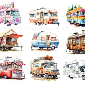 Watercolor Caravan Clipart, Camper Van, Vintage Vehicle, Camping ...