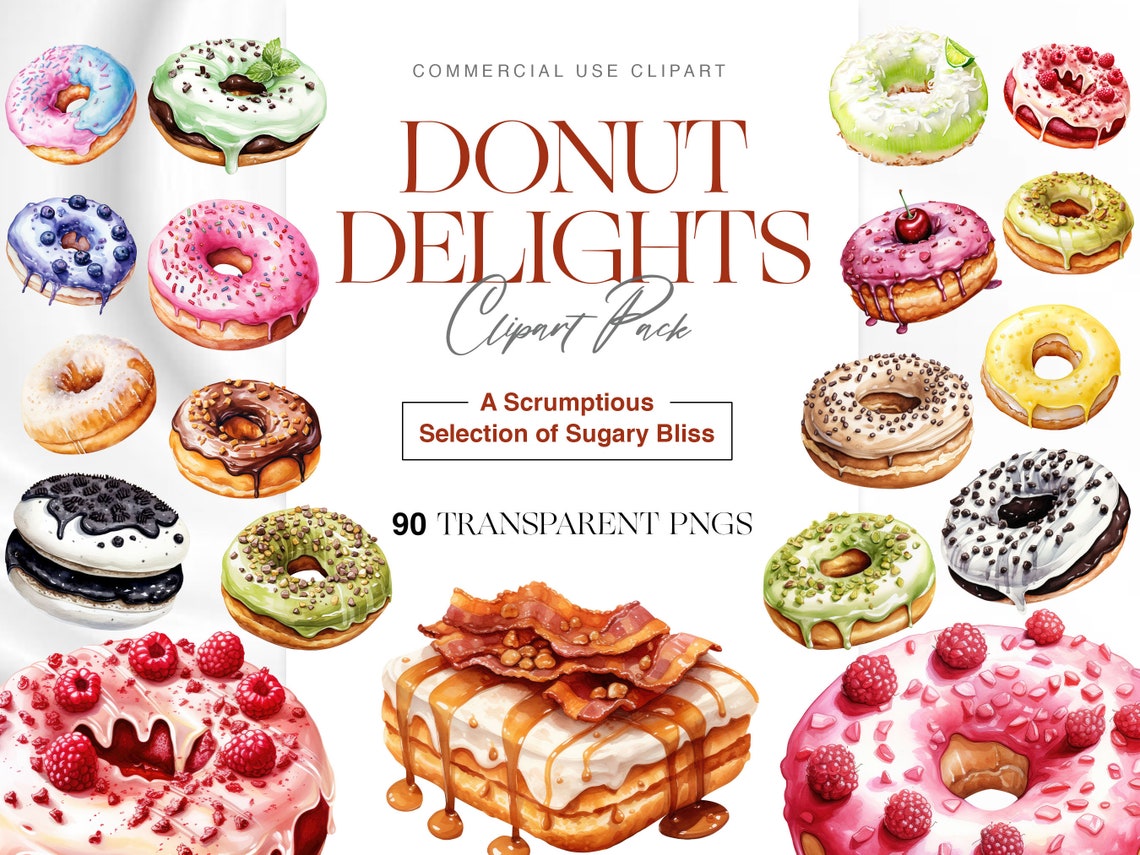 Watercolor Donut Clipart, Dessert, Pastries, Glazed Donut, Pink Donut ...