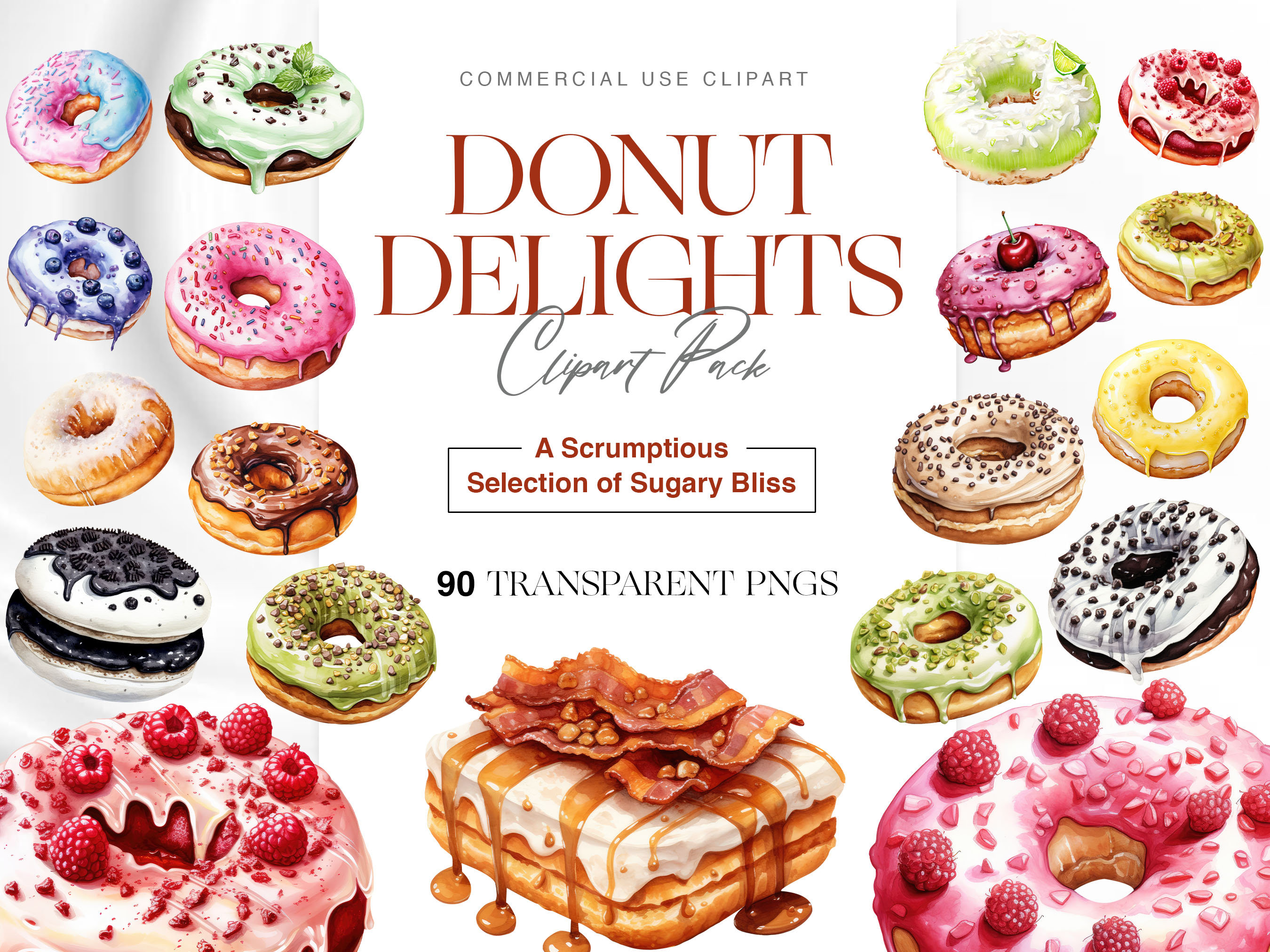 Watercolor Donut Clipart Dessert Pastries Glazed Donut - Etsy