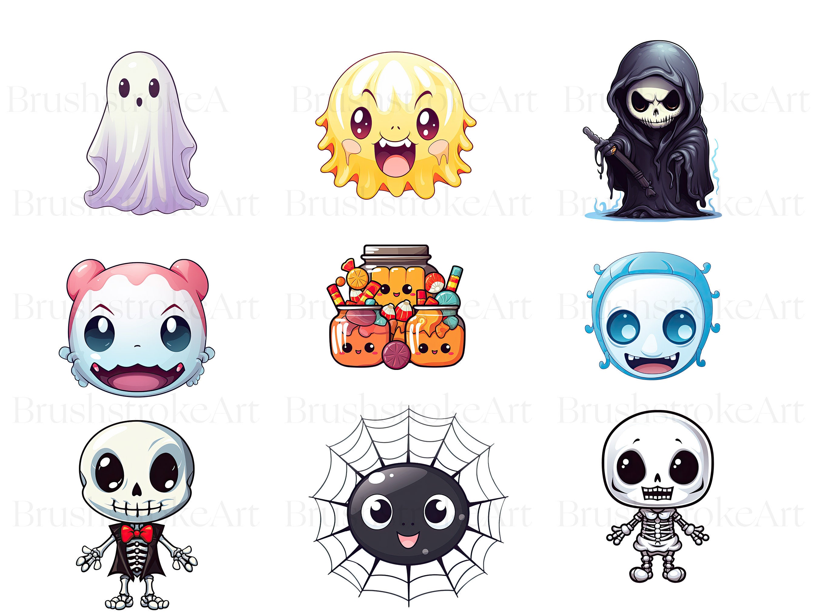 Kawaii Watercolor Halloween Clipart, Cute Ghost, Zombie, Jack-o-lantern ...