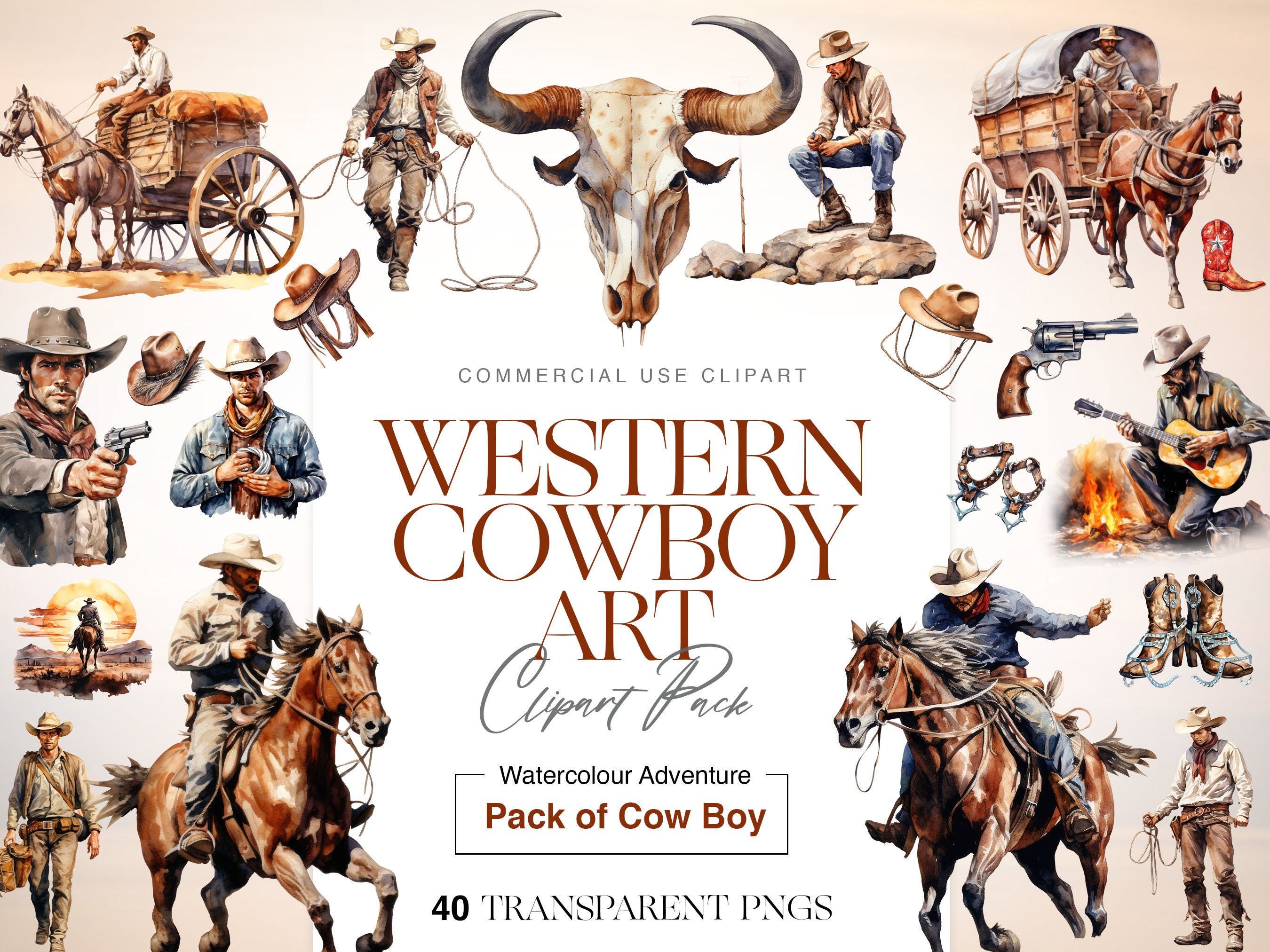 Watercolor Cowboy Clipart, Horse, Cactus, Dude Ranch, Cowboy Boots ...