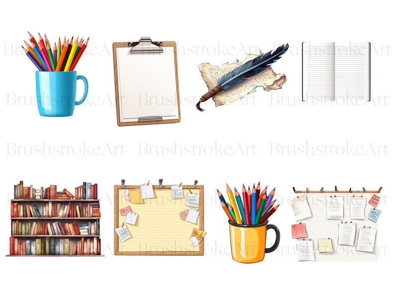Watercolor Writer Clipart, Office Desk Art, Feather Pen, Stack of Books ...