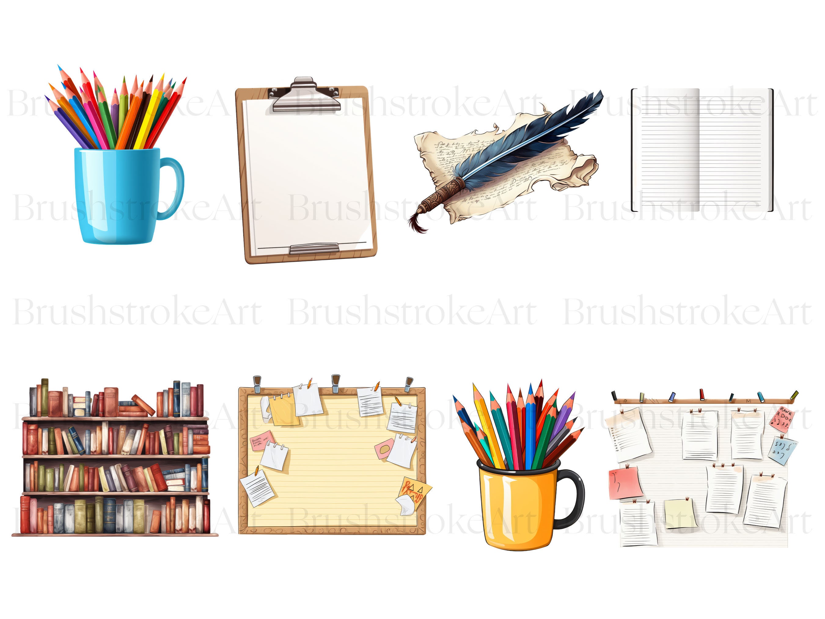 Watercolor Writer Clipart, Office Desk Art, Feather Pen, Stack of Books ...