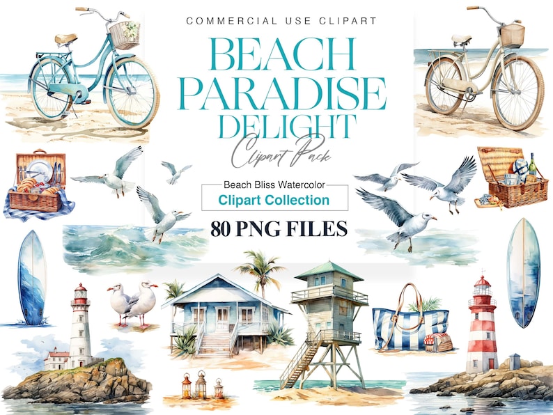 Watercolor Beach Clipart, Summer, Vacation, Beach House, Ocean Shore ...