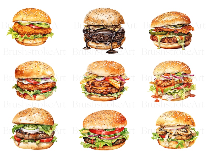 Watercolor Burger Clipart, Cheeseburger, Hamburger, Barbecue Party ...