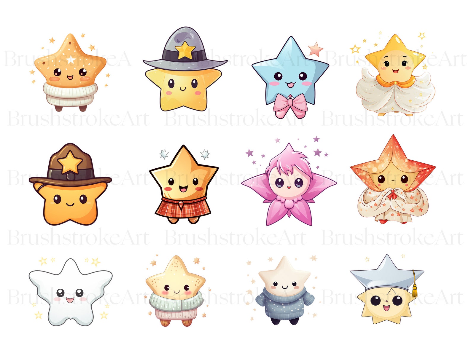 Kawaii Stars Clipart, Smiley Star, Kawaii Stickers, Baby Stars, Rainbow ...