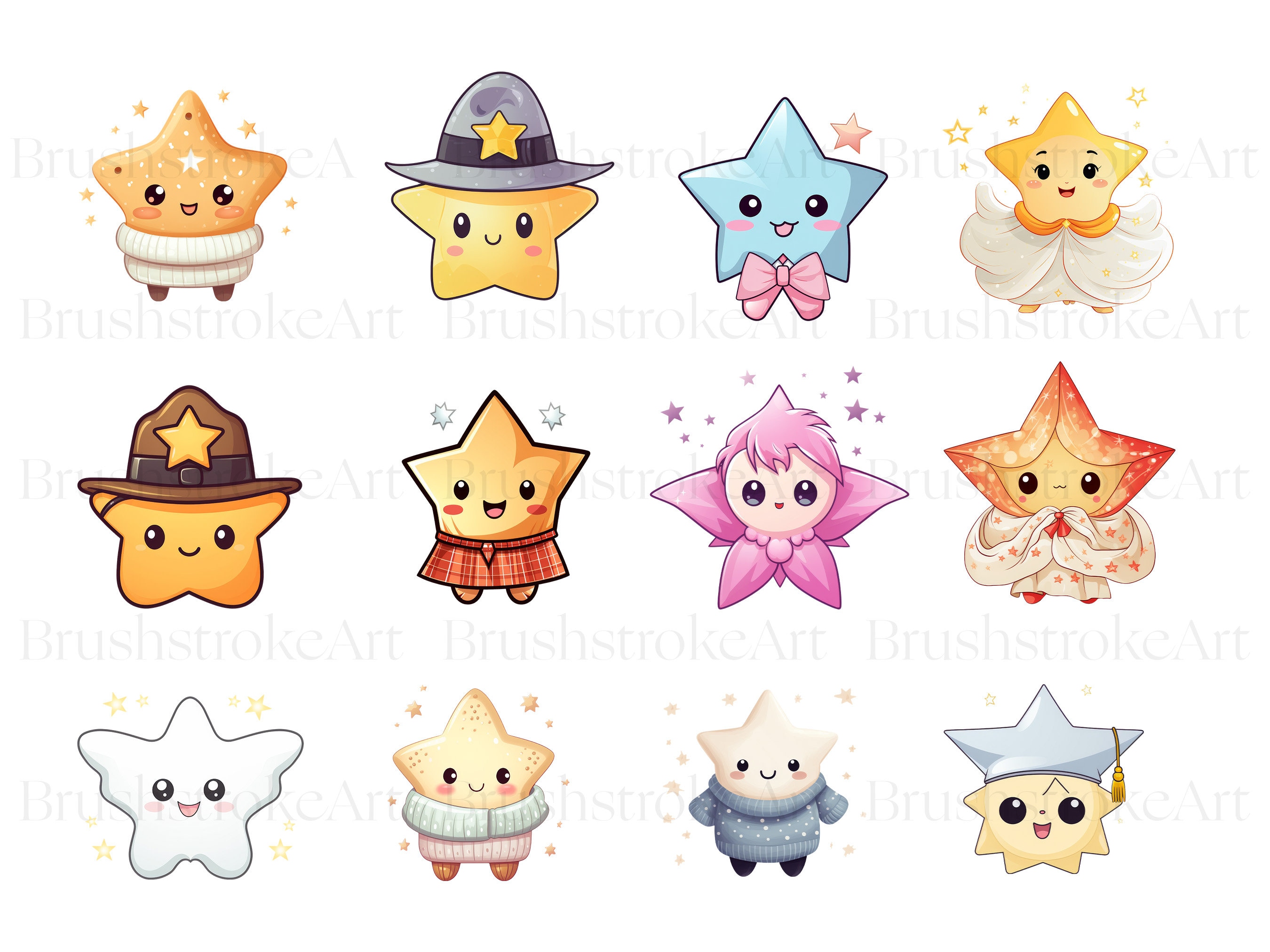 Kawaii Stars Clipart, Smiley Star, Kawaii Stickers, Baby Stars, Rainbow ...