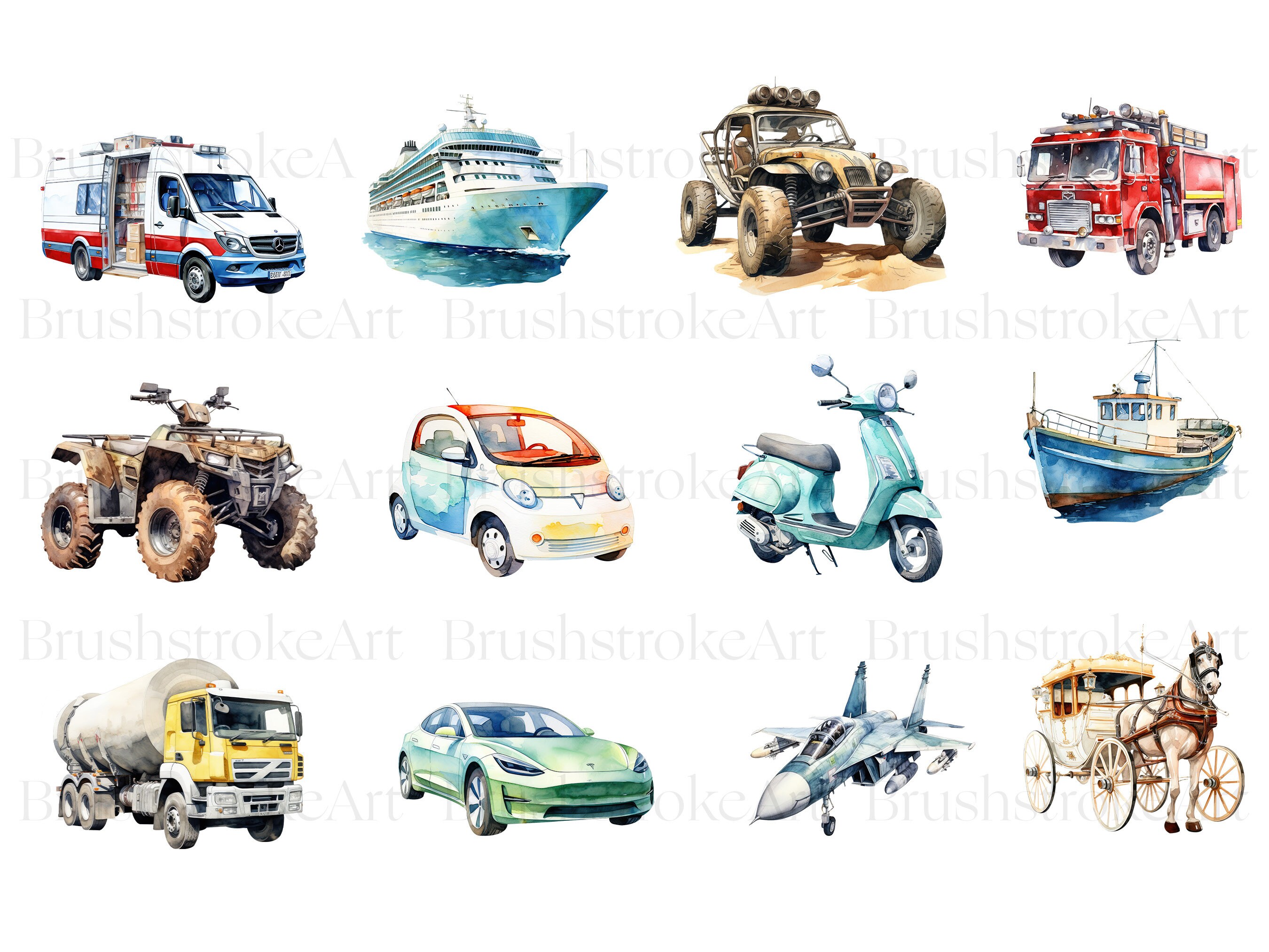 Watercolor Vehicle Clipart, Transportation A-Z, Truck, Airplane, Car ...