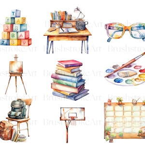 Watercolor Classroom Clipart, Back to School Graphics, Backpack, School ...