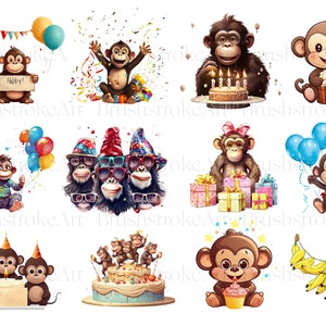 Watercolor Birthday Monkey Clipart, Monkey Nursery, Chimpanzee, Zoo ...
