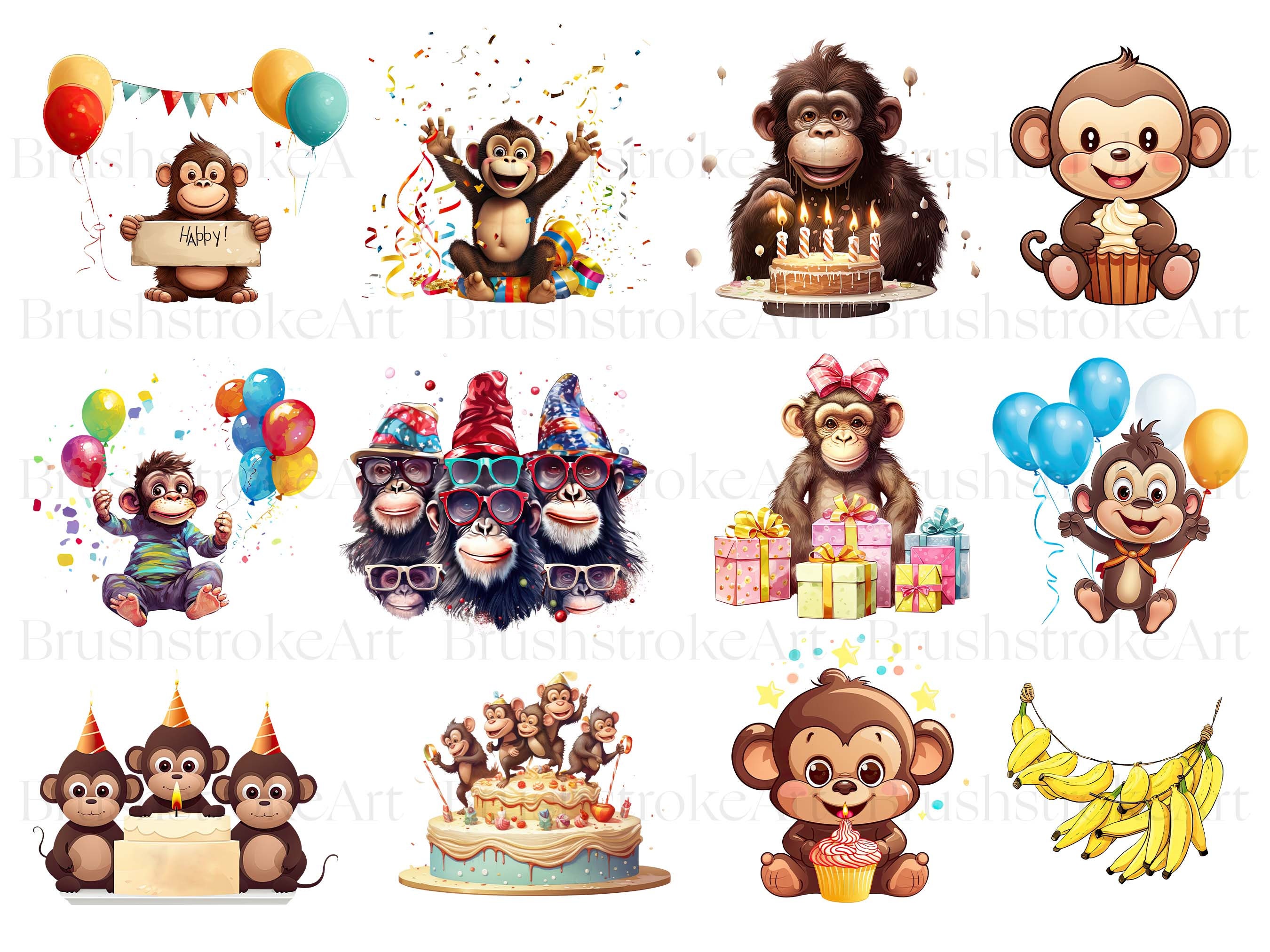 Watercolor Birthday Monkey Clipart, Monkey Nursery, Chimpanzee, Zoo ...