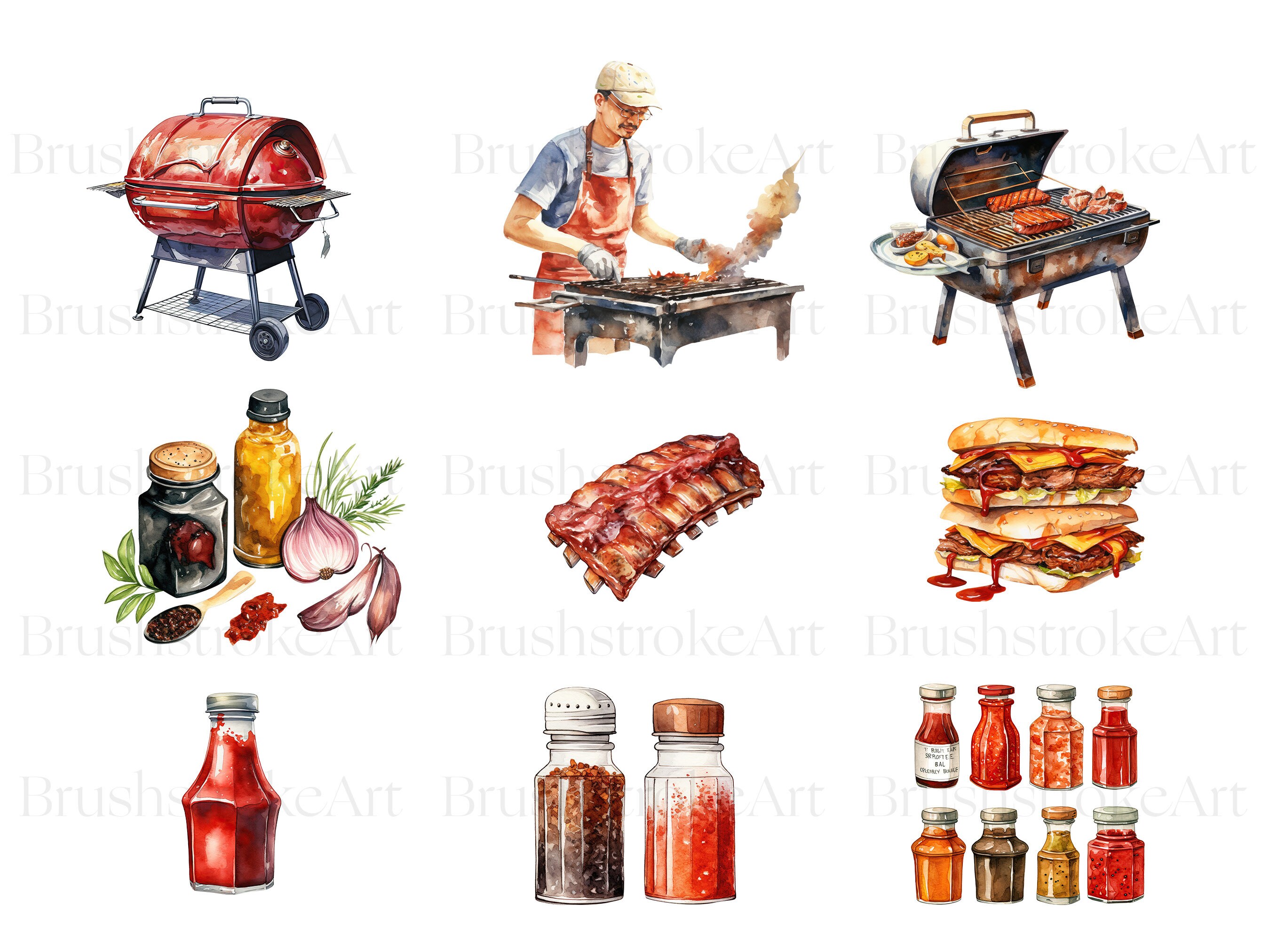 Grill Clipart Pack, Watercolor Barbecue Party, Summer Picnic, Food ...