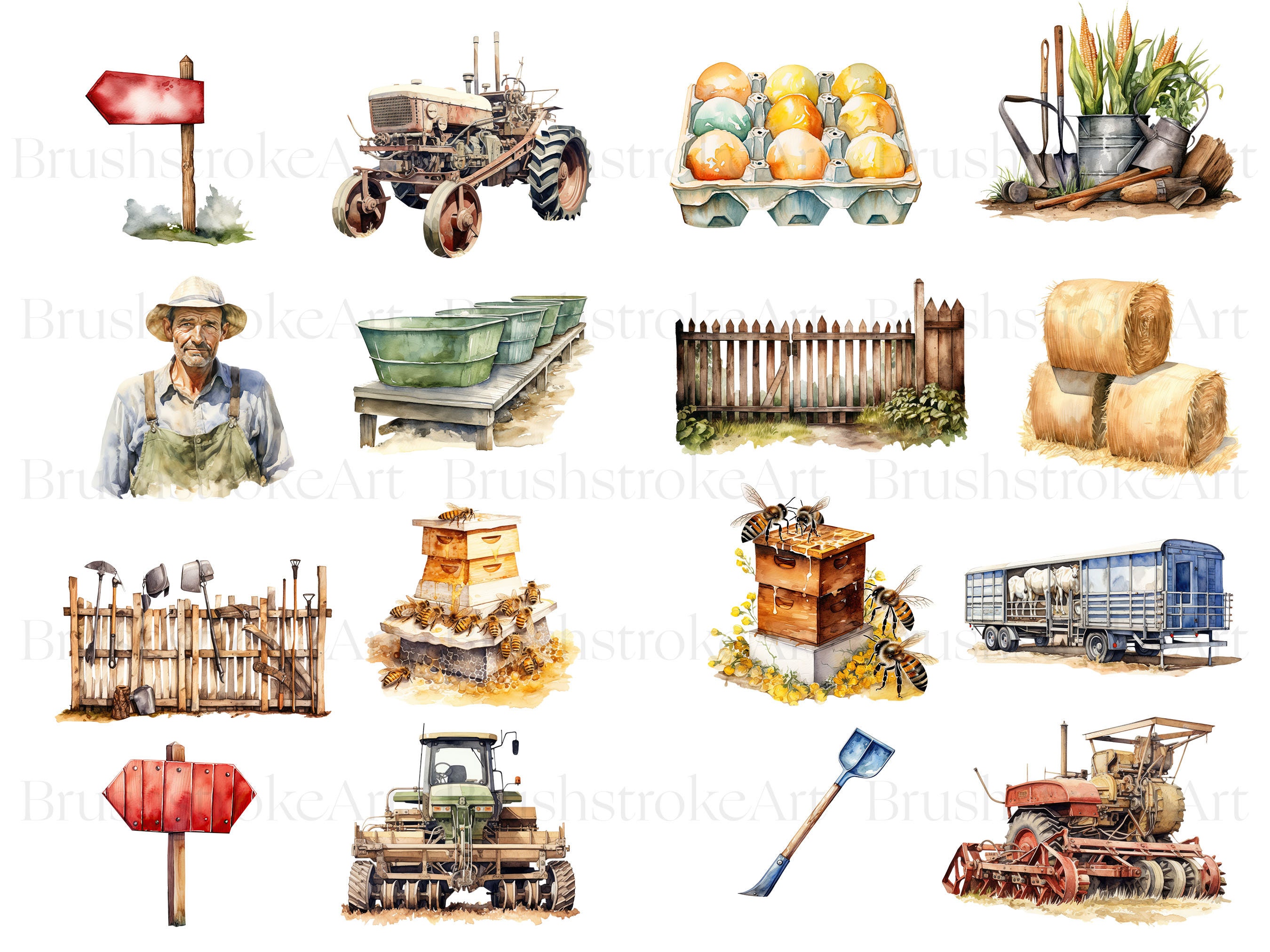 Rustic Farm Clipart, Farmhouse, Farmer, Scarecrow, Tractor, Hay Bale ...