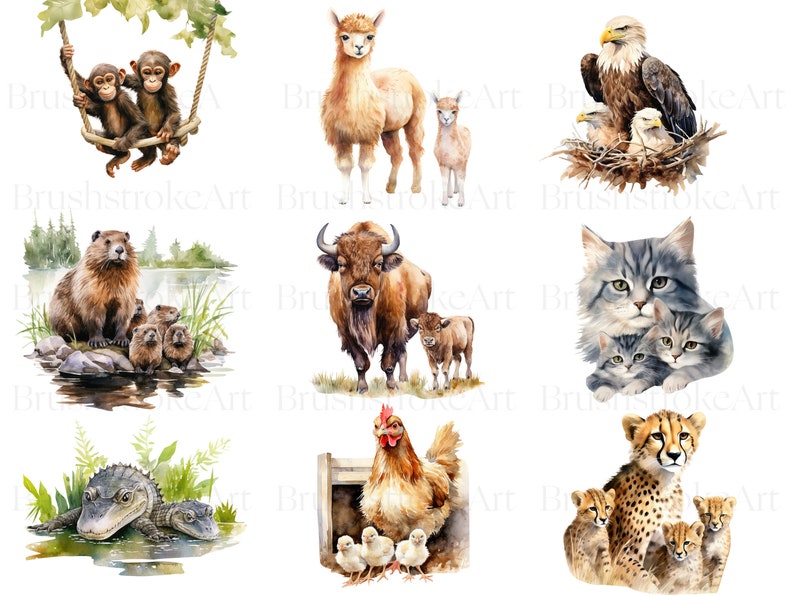 Watercolor Mom and Baby Animals Clipart, Mother's Day Animals, Baby ...
