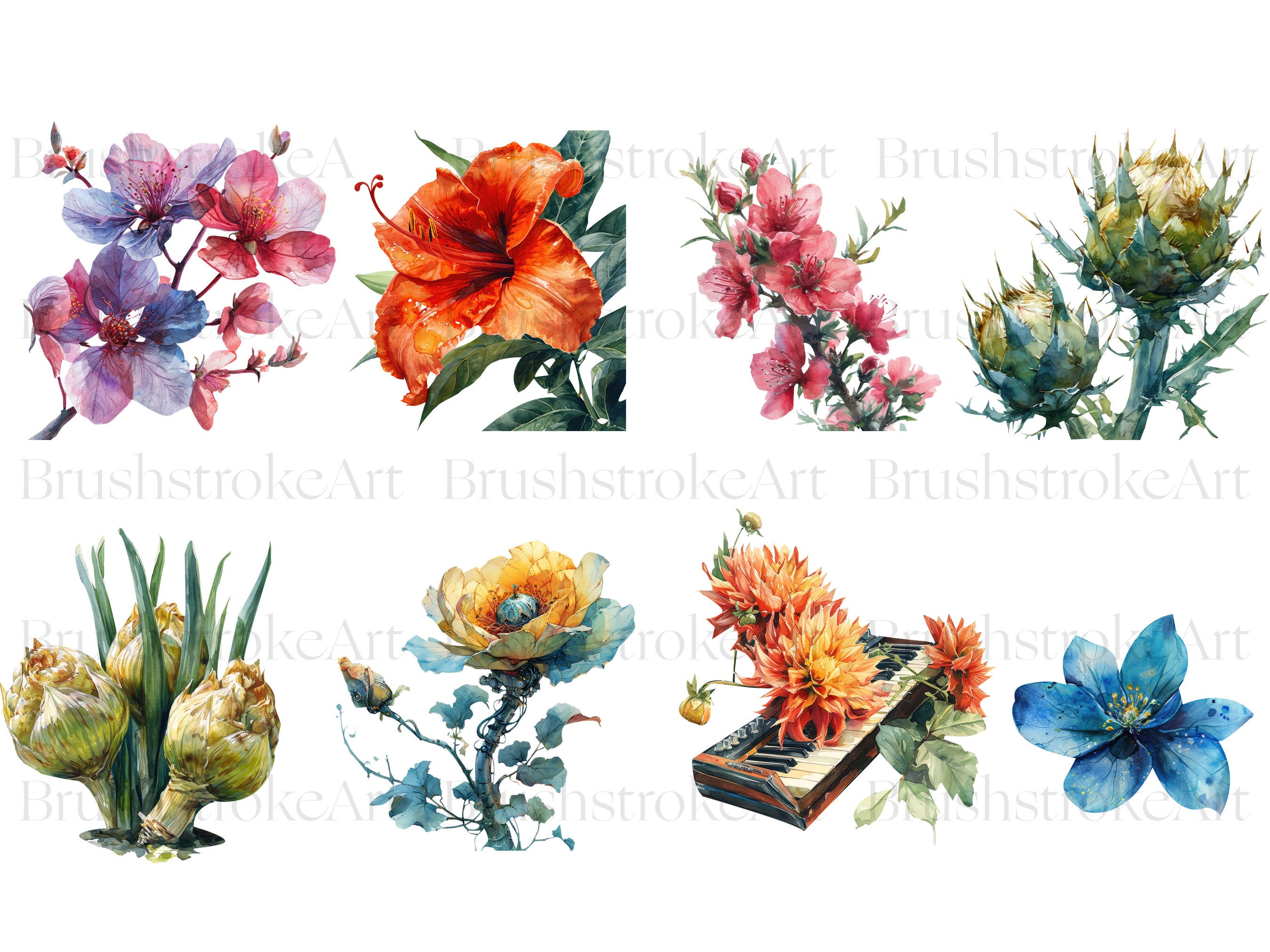 Watercolor Fantasy Flowers Clipart, Plant With Tounge, Plant Monster ...
