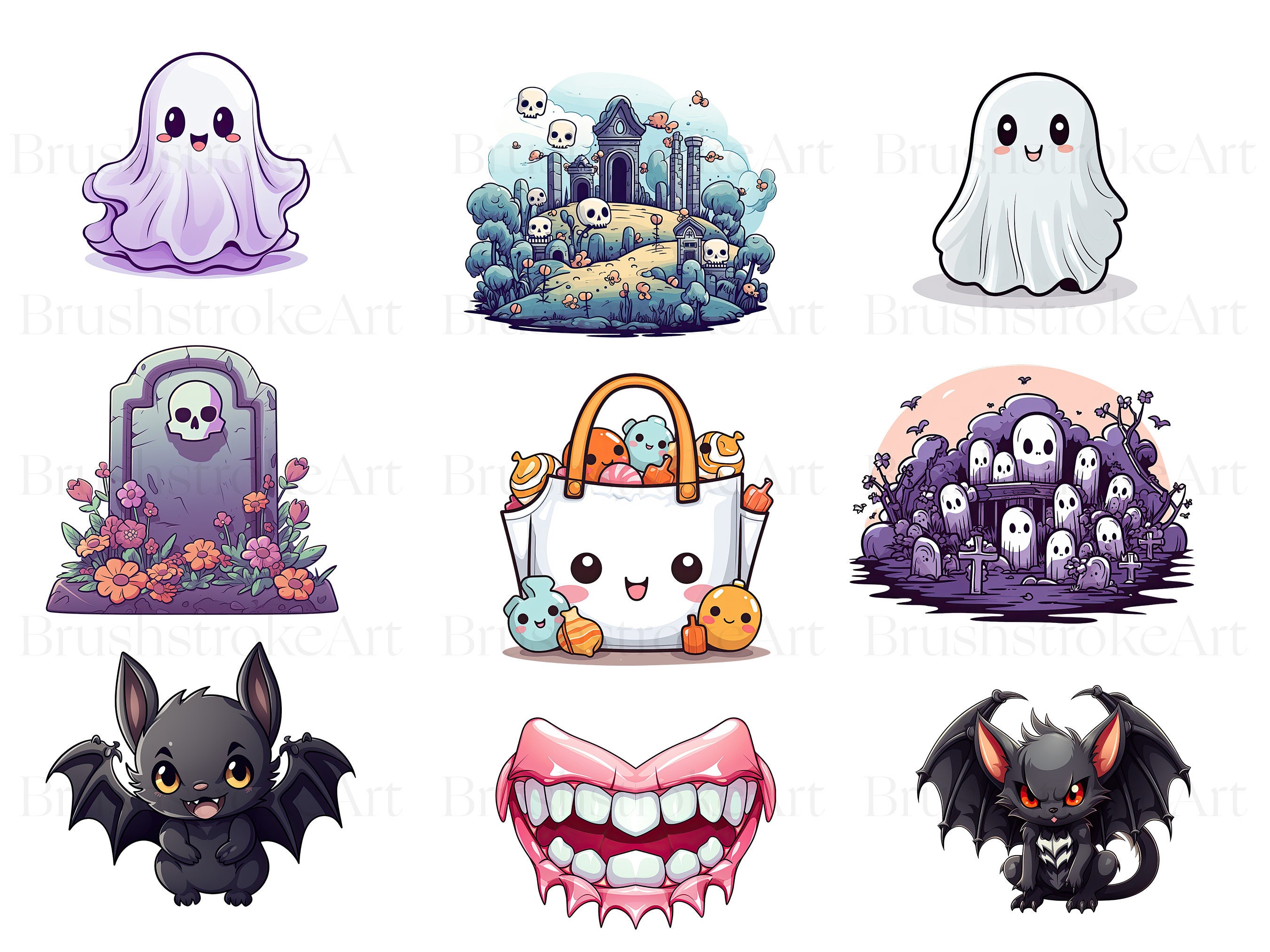 Kawaii Watercolor Halloween Clipart, Cute Ghost, Zombie, Jack-o-lantern ...