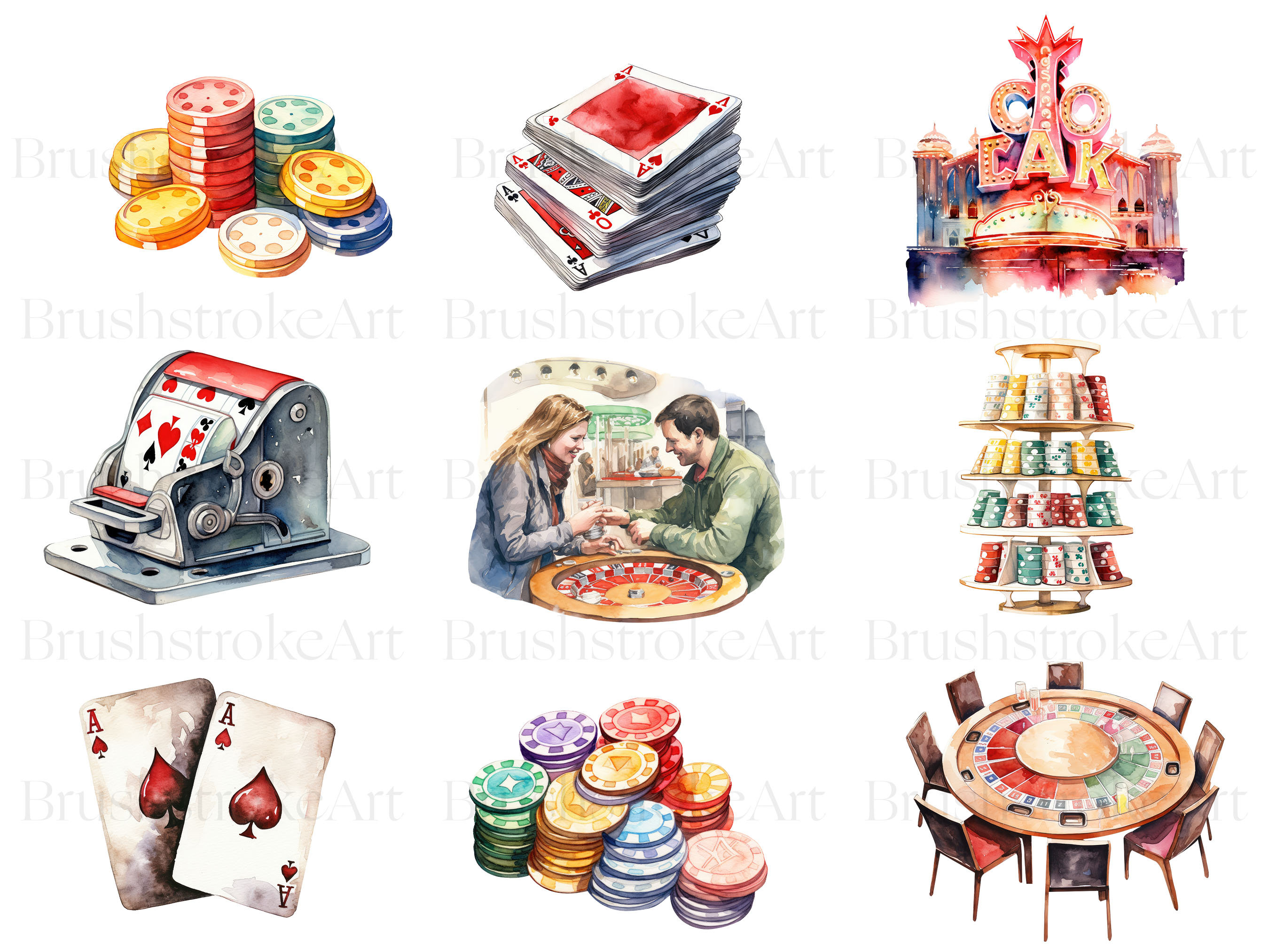 Watercolor Casino, Slot Machine, Jackpot, Poker Chips, Playing Cards ...