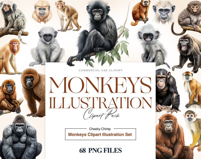 Watercolor Primates Clipart Set of 20 Files With Instant Download ...