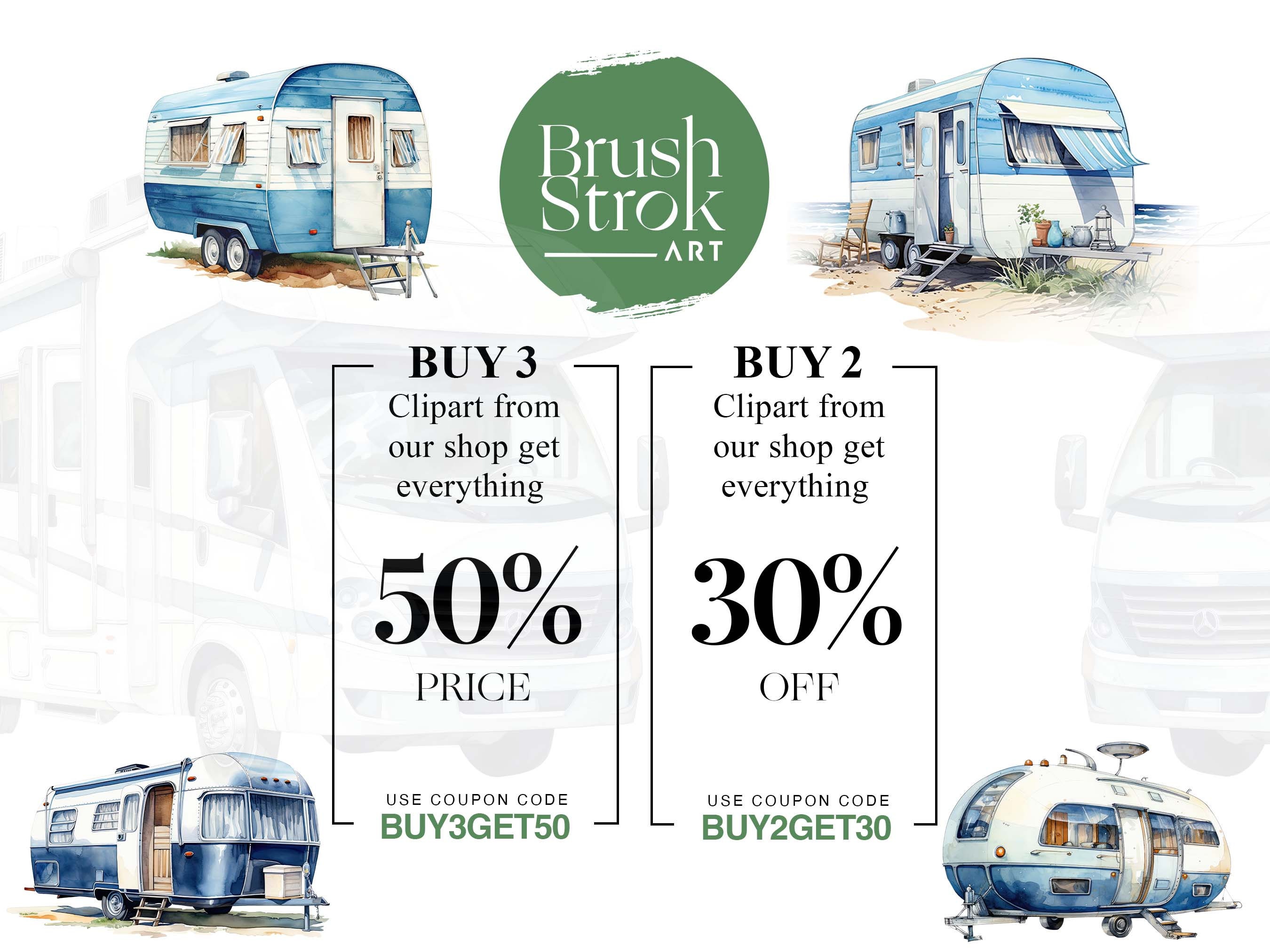 Watercolor Caravan Clipart, Camper Van, Vintage Vehicle, Camping ...