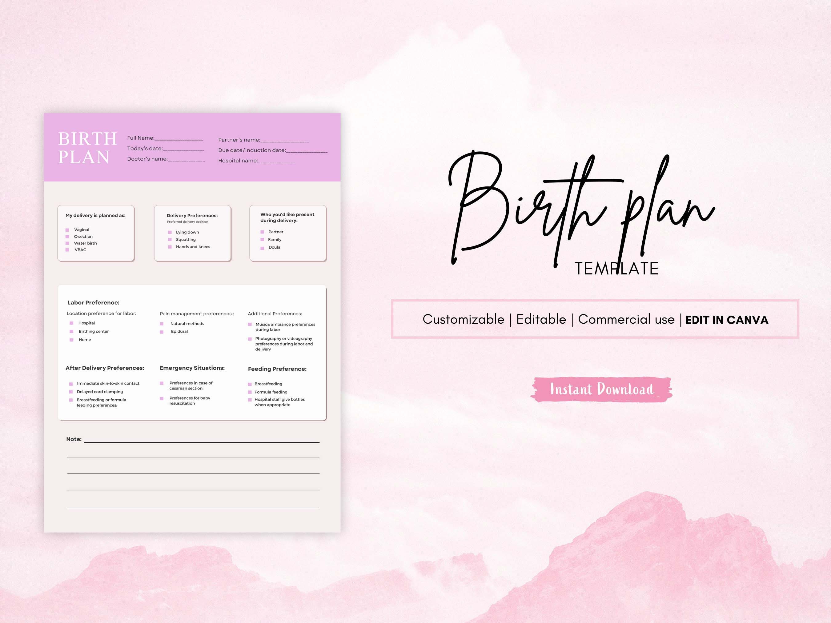 Canva Birth Plan Template, C Section Birth Plan, Writing a Birth Plan ...