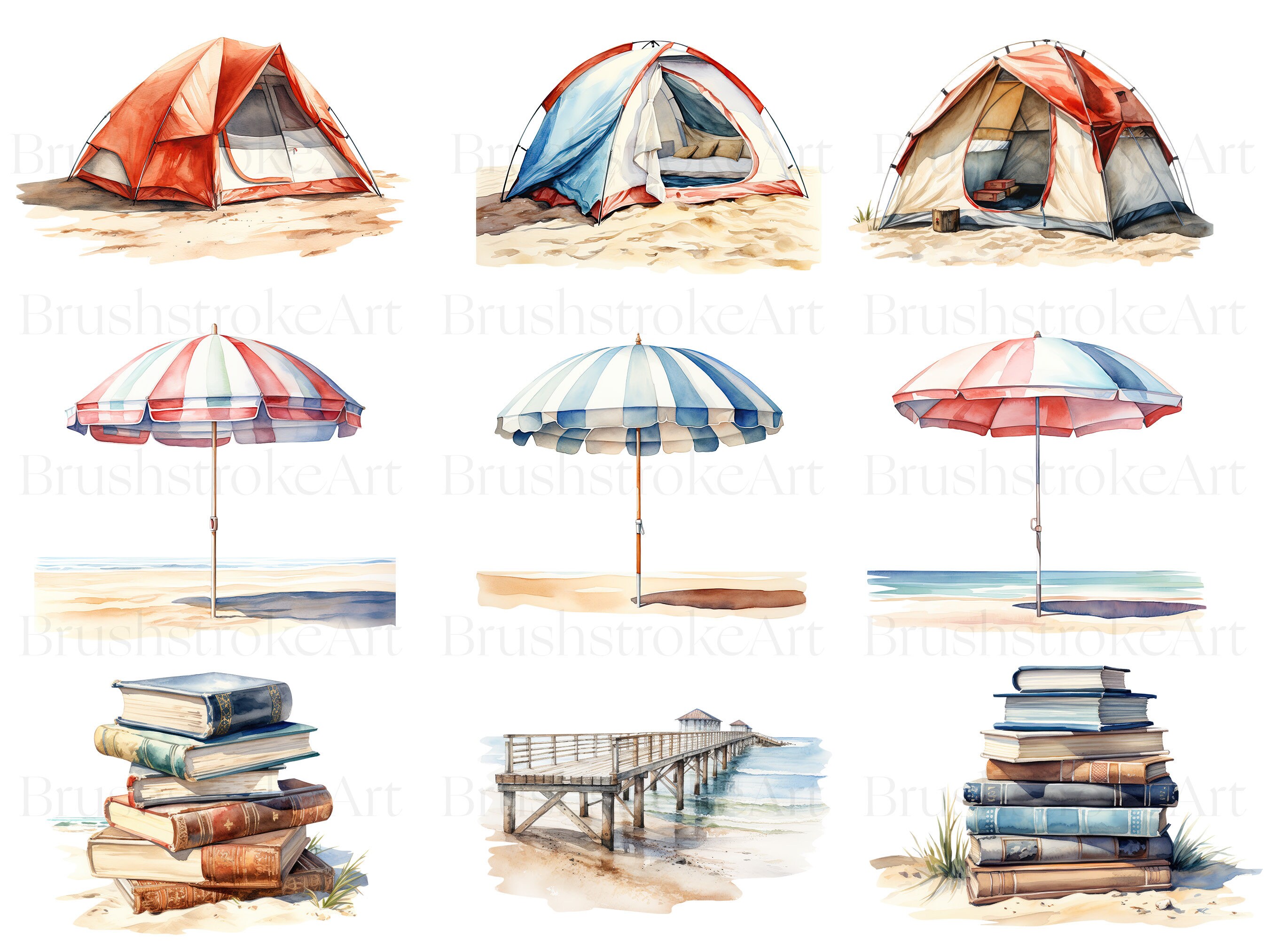 Watercolor Beach Clipart, Summer, Vacation, Beach House, Ocean Shore ...