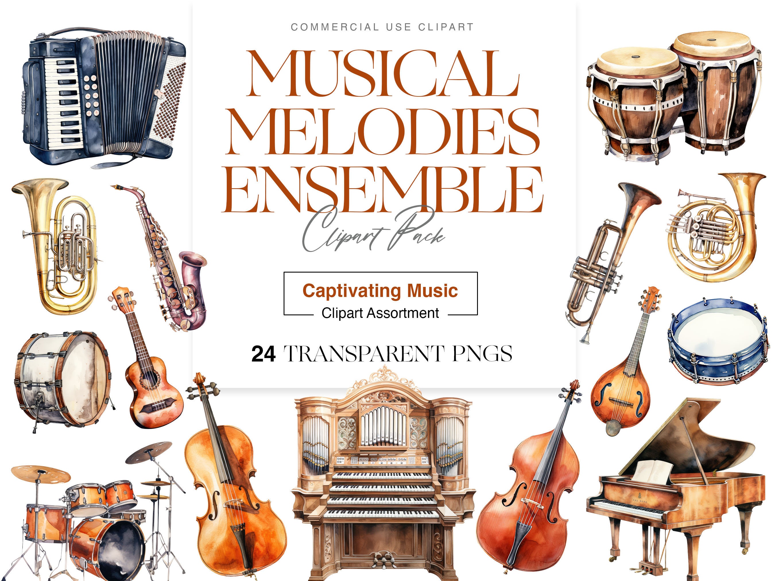 Watercolor Music Clipart, Musical Instruments, Piano, Guitar, Violin ...